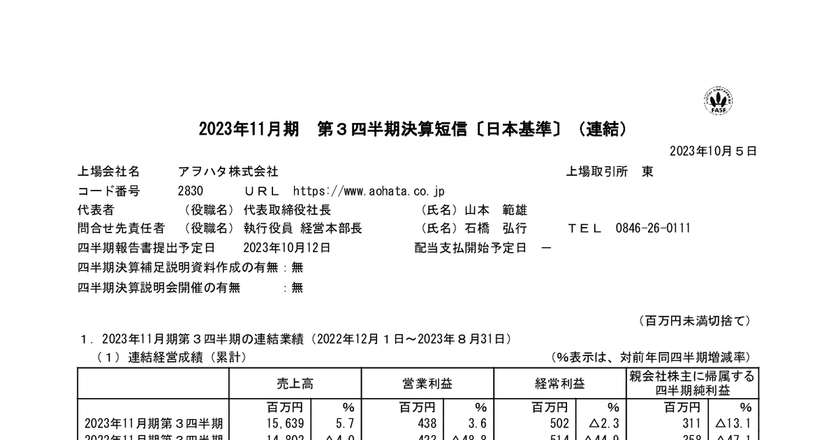 アヲハタ【2830】2023年11月期 第3四半期決算短信〔日本基準〕(連結) | バフェット・コード