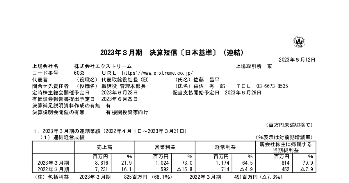 エクストリーム【6033】2023年3月期 決算短信〔日本基準〕(連結) | バフェット・コード