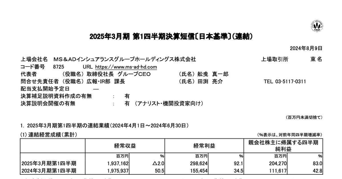 MS&ADインシュアランスGHD【8725】2025年3月期 第1四半期決算短信〔日本基準〕(連結) | バフェット・コード